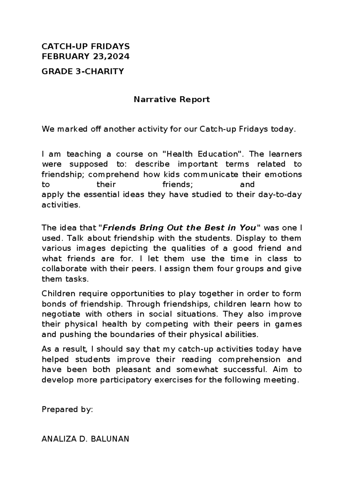 Balunan- Catch-UP Narrative Report - CATCH-UP FRIDAYS FEBRUARY 23 ...