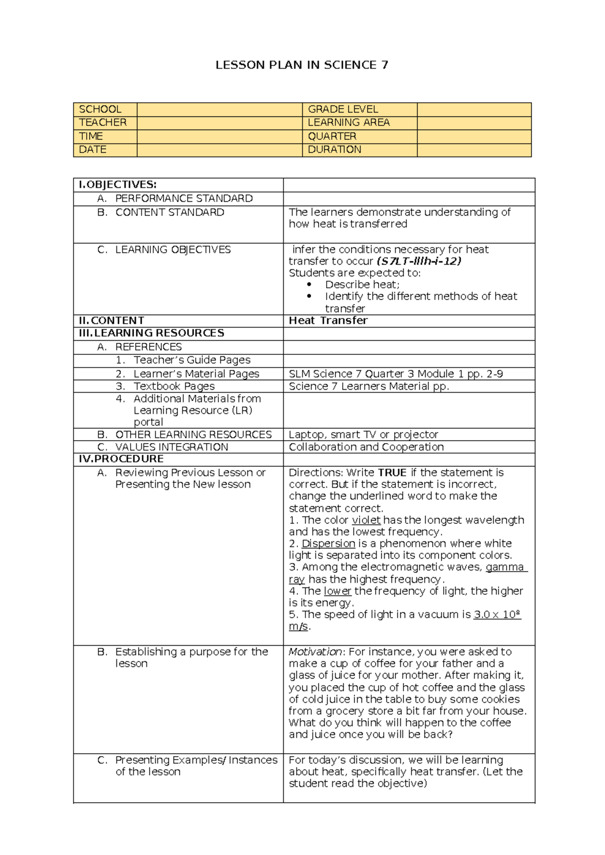 Heat transfer lesson plan - LESSON PLAN IN SCIENCE 7 SCHOOL GRADE LEVEL ...