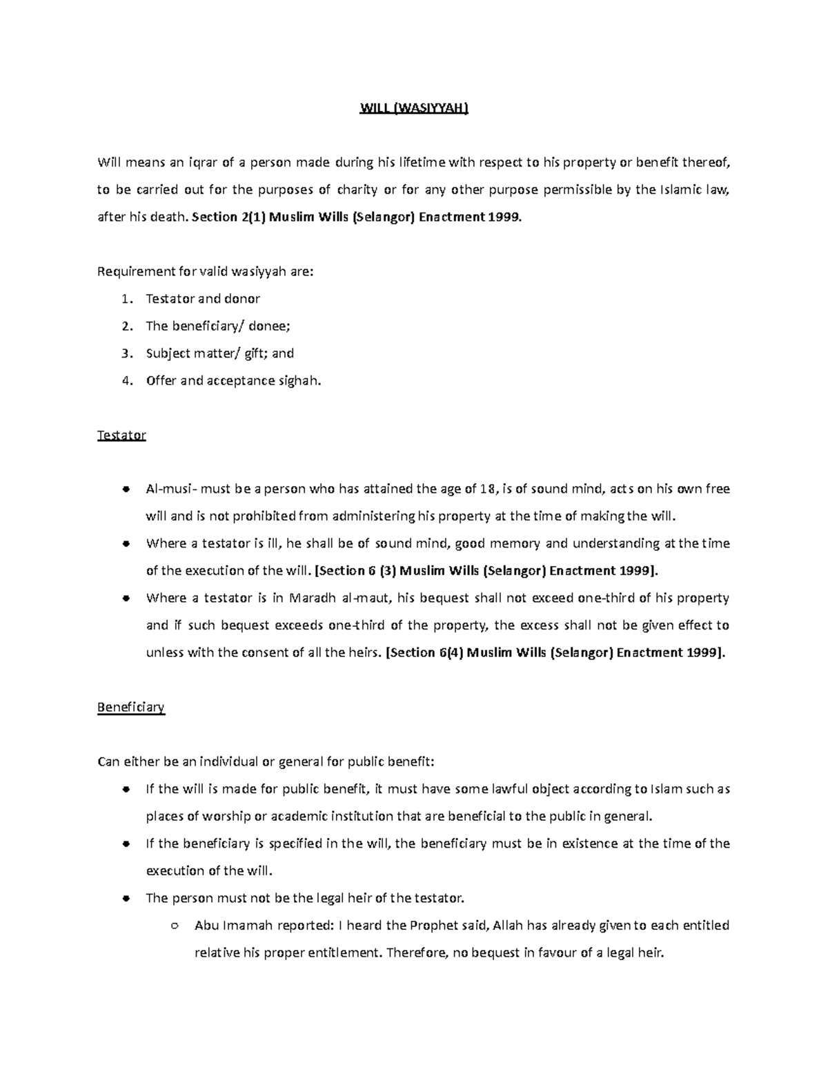 WILL ( Wasiyyah) - WILL (WASIYYAH) Will means an iqrar of a person made ...