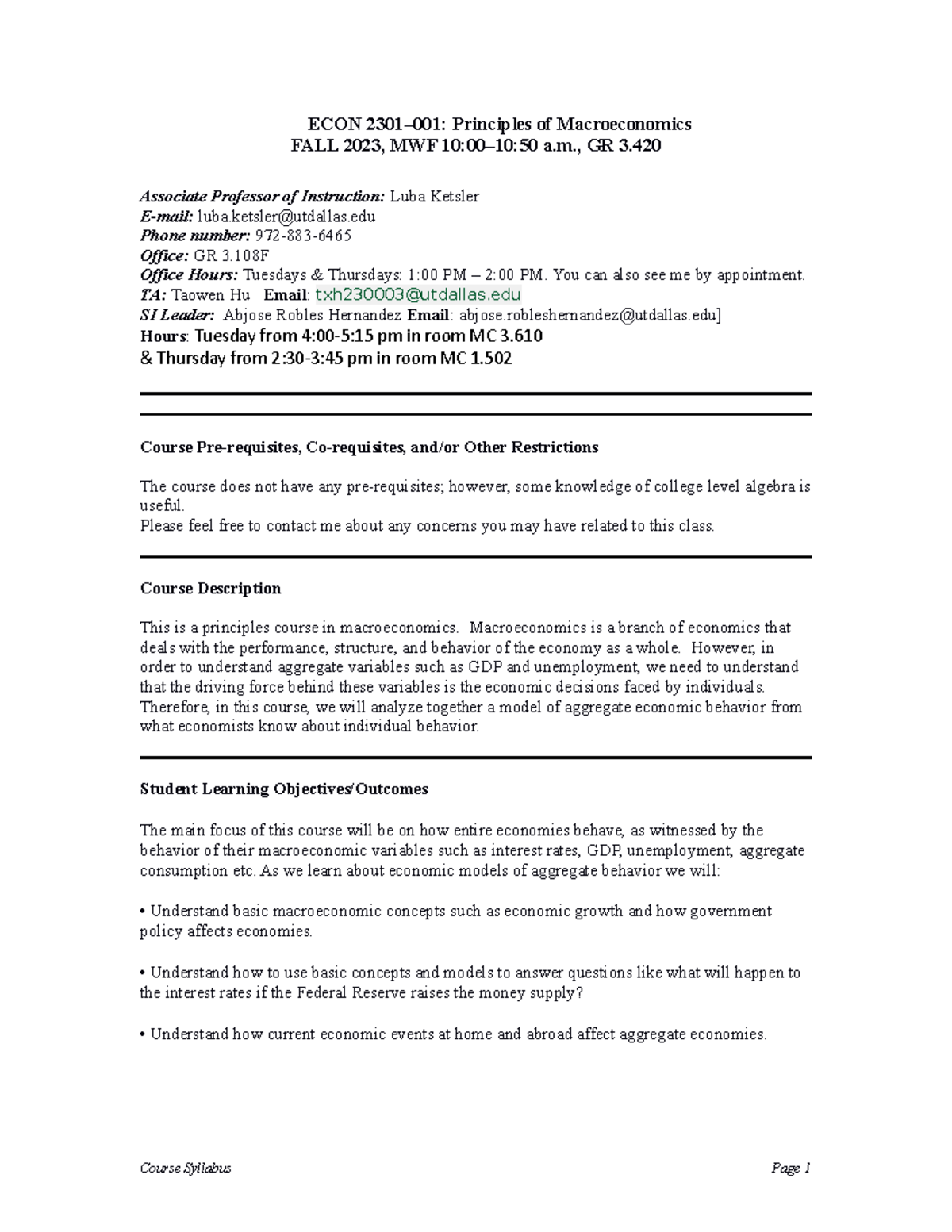 Syllabus Macro 001 2023(3) - ECON 2301–001: Principles of ...