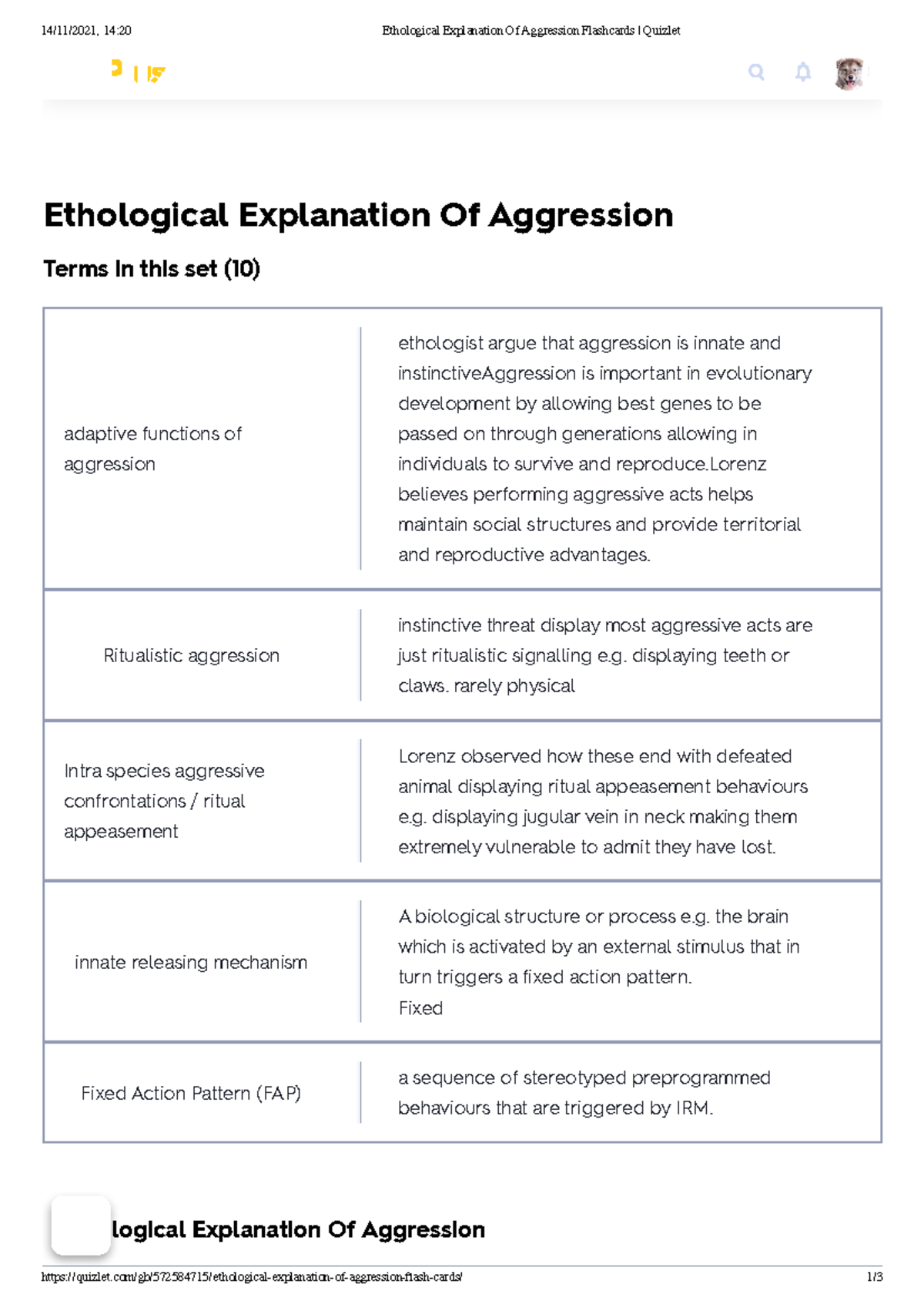 Ethological Explanation Of Aggression Flashcards Quizlet - Ritualistic ...