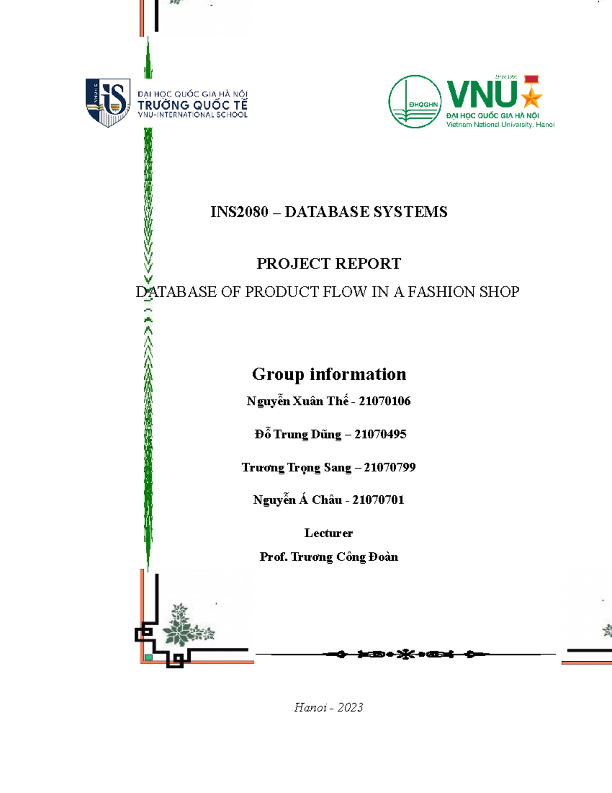 Group 2 Report Database System INS2080 - INS2080 – DATABASE SYSTEMS PROJECT REPORT DATABASE OF ...