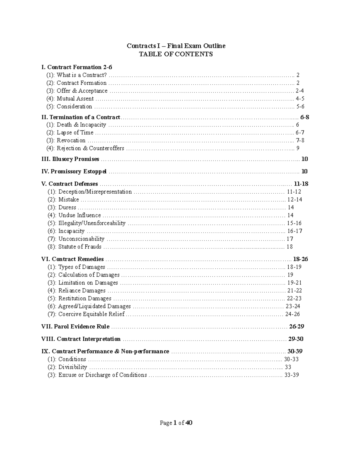 Contracts I Fall (Holy Grail) - Contracts I Final Exam Outline TABLE OF ...