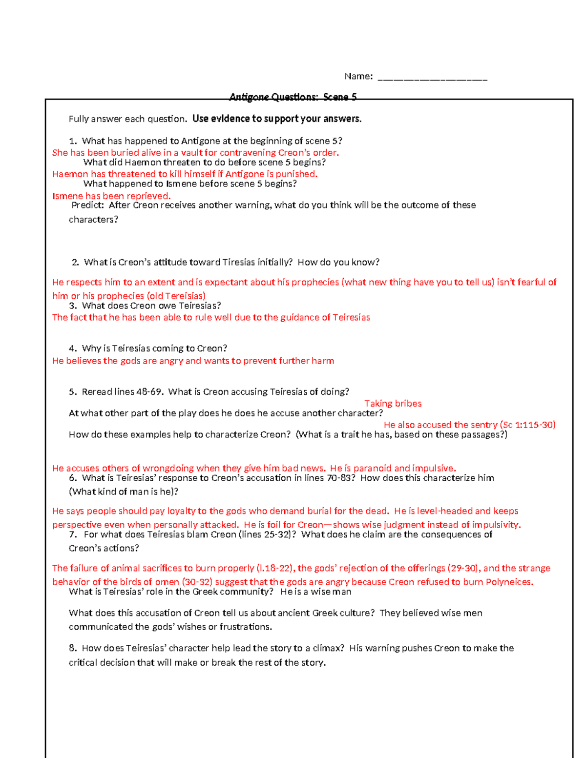 Antigone study guide scene 5 with key - She has been buried alive in a ...