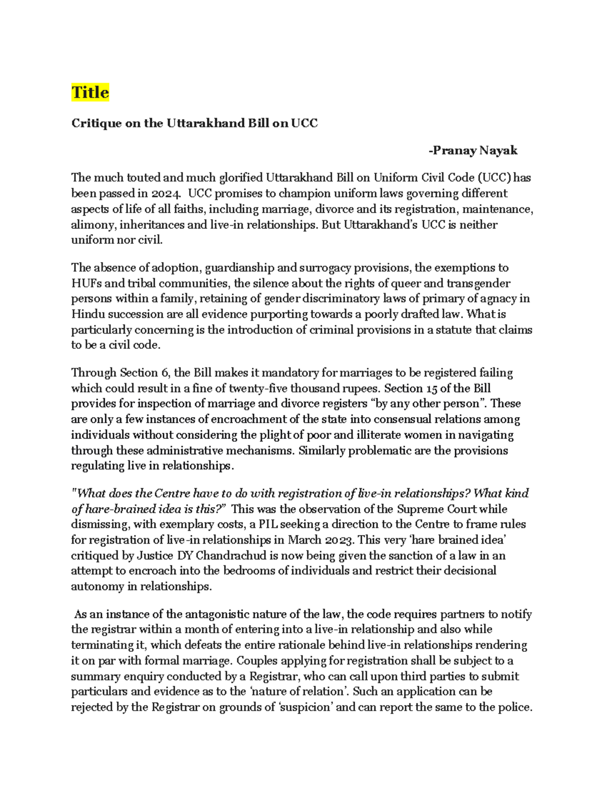 Uttarakhand Uniform Civil Code - Title Critique on the Uttarakhand Bill ...