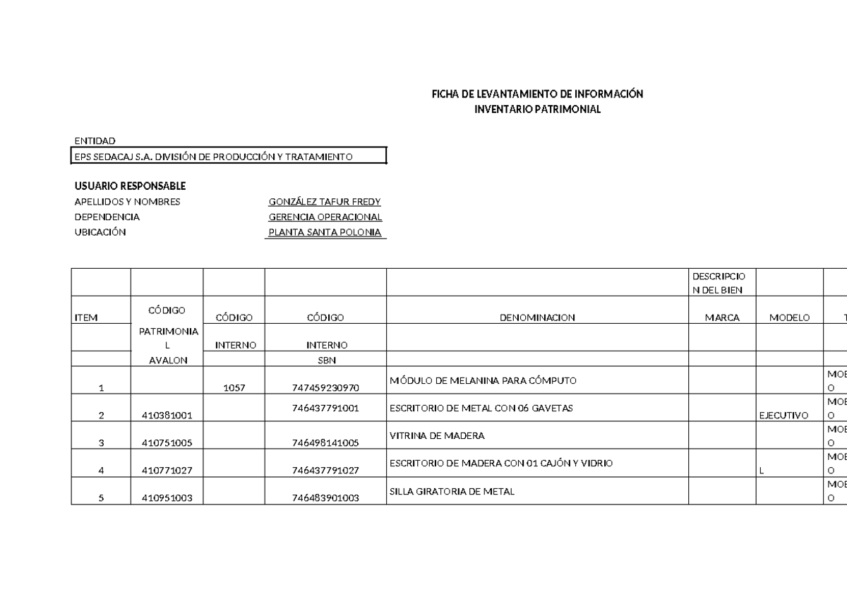 Ficha DE Levantamiento DE Información - FICHA DE LEVANTAMIENTO DE INFORMACIÓN INVENTARIO ...