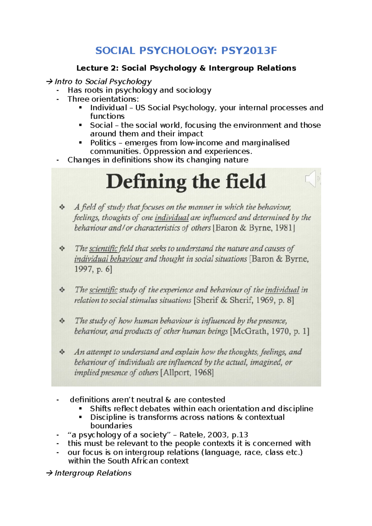 Social Psychology lecture 2 notes - SOCIAL PSYCHOLOGY: PSY2013F Lecture ...