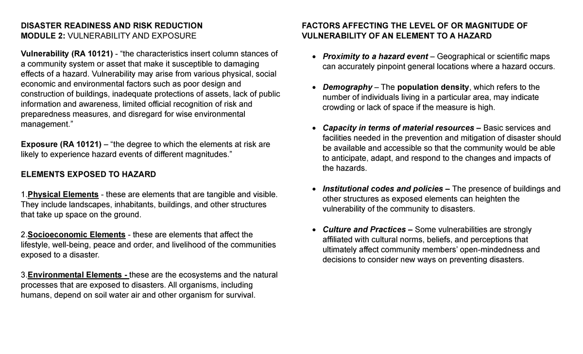 Module 2 Vulnerability AND Exposure - DISASTER READINESS AND RISK ...