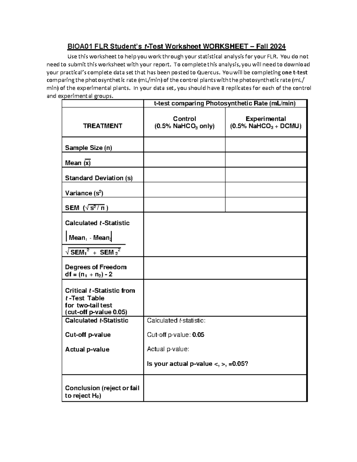 BIOA01 Statistical Worksheet Y2024 Fall - BIOA01 FLR Student’s t-Test ...
