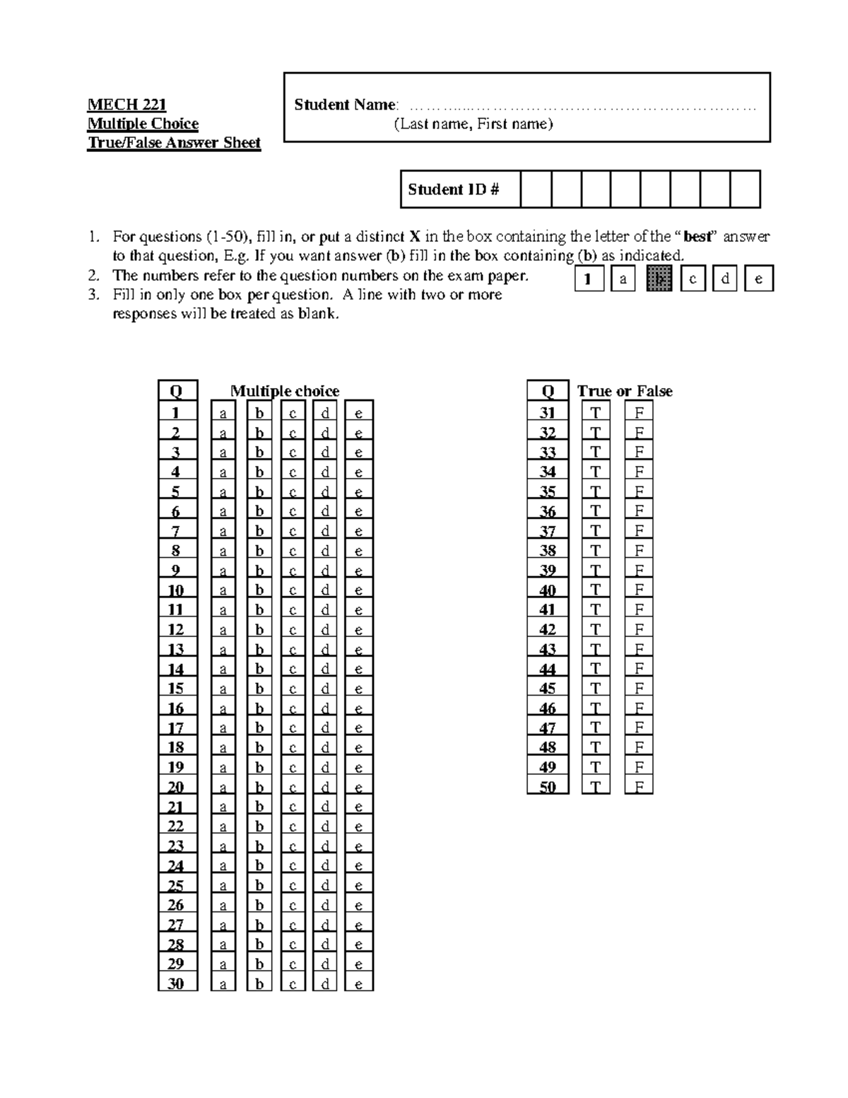 Sample Final 221-F2017 - MECH 221 Multiple Choice True/False Answer ...