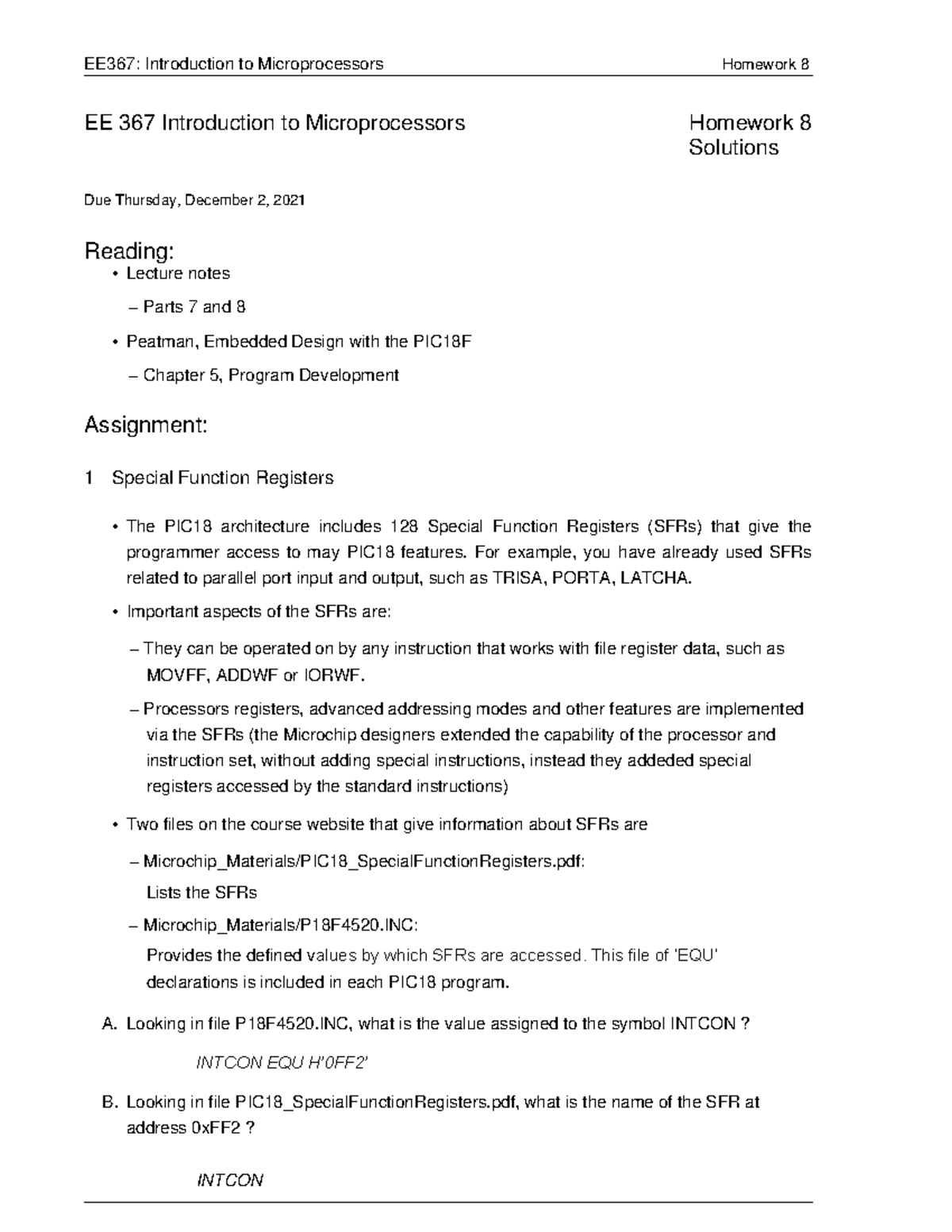 Solution HW08 Fall2021 - EE367: Introduction to Microprocessors Homework 8 EE 367 Introduction ...