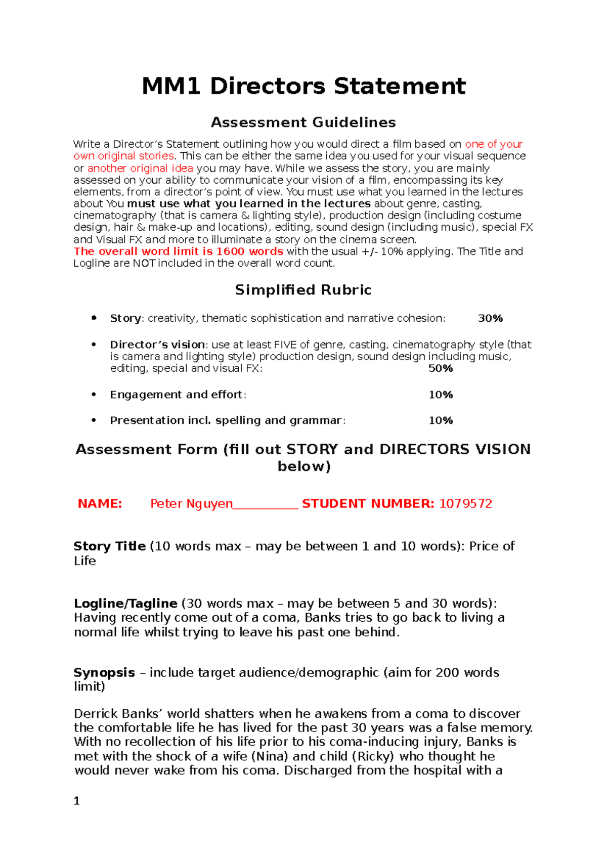 Nguy Peter 1079572 MM1 Assignment - MM1 Directors Statement Assessment ...