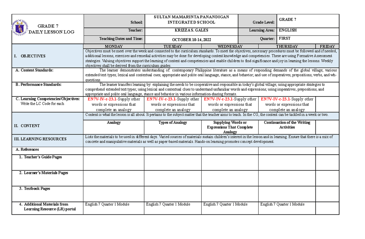 DLL grade 7 English - GRADE 7 DAILY LESSON LOG School: SULTAN MAMARINTA ...