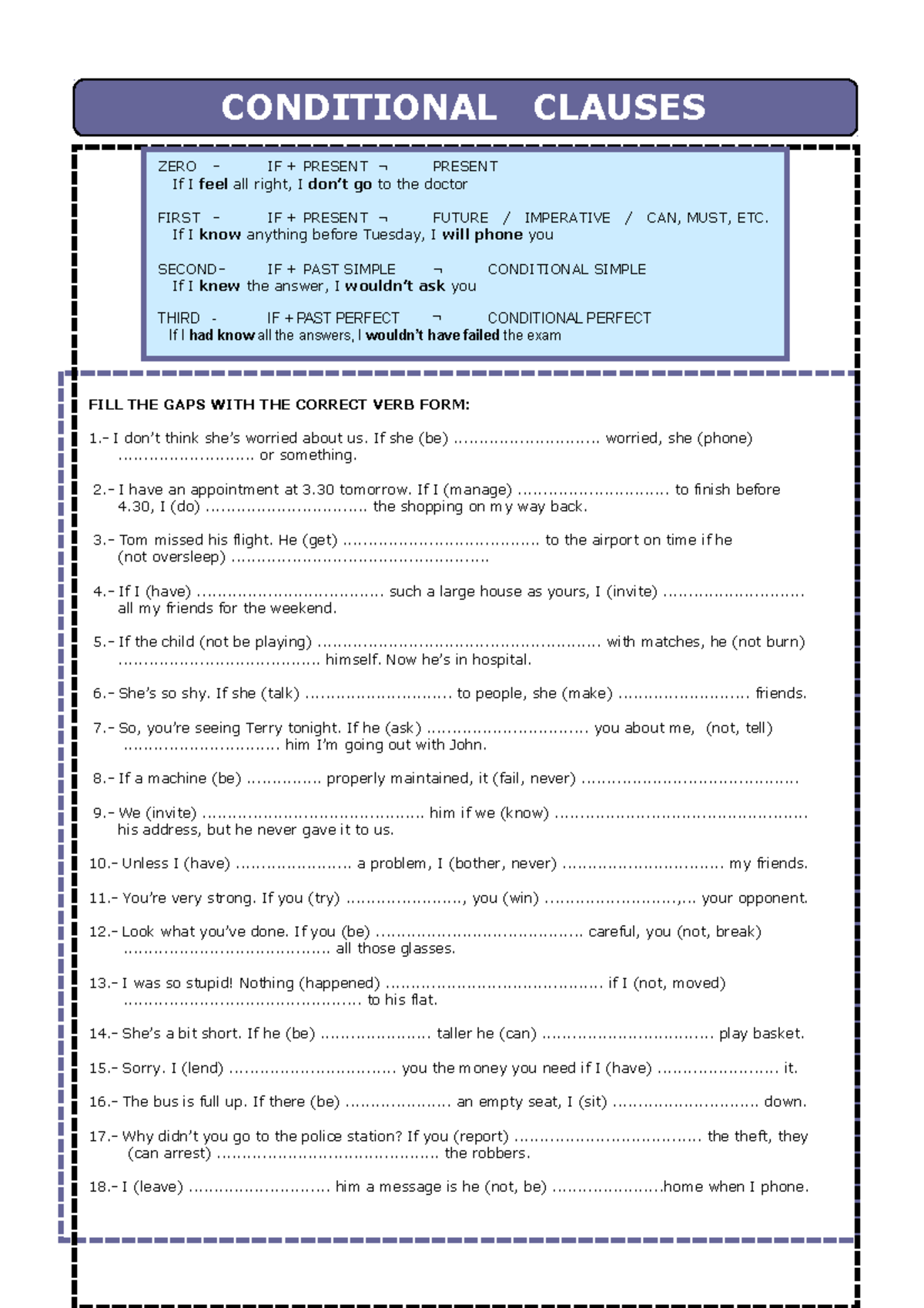 Conditional - INGLES REPASO - CONDITIONAL CLAUSES FILL THE GAPS WITH ...
