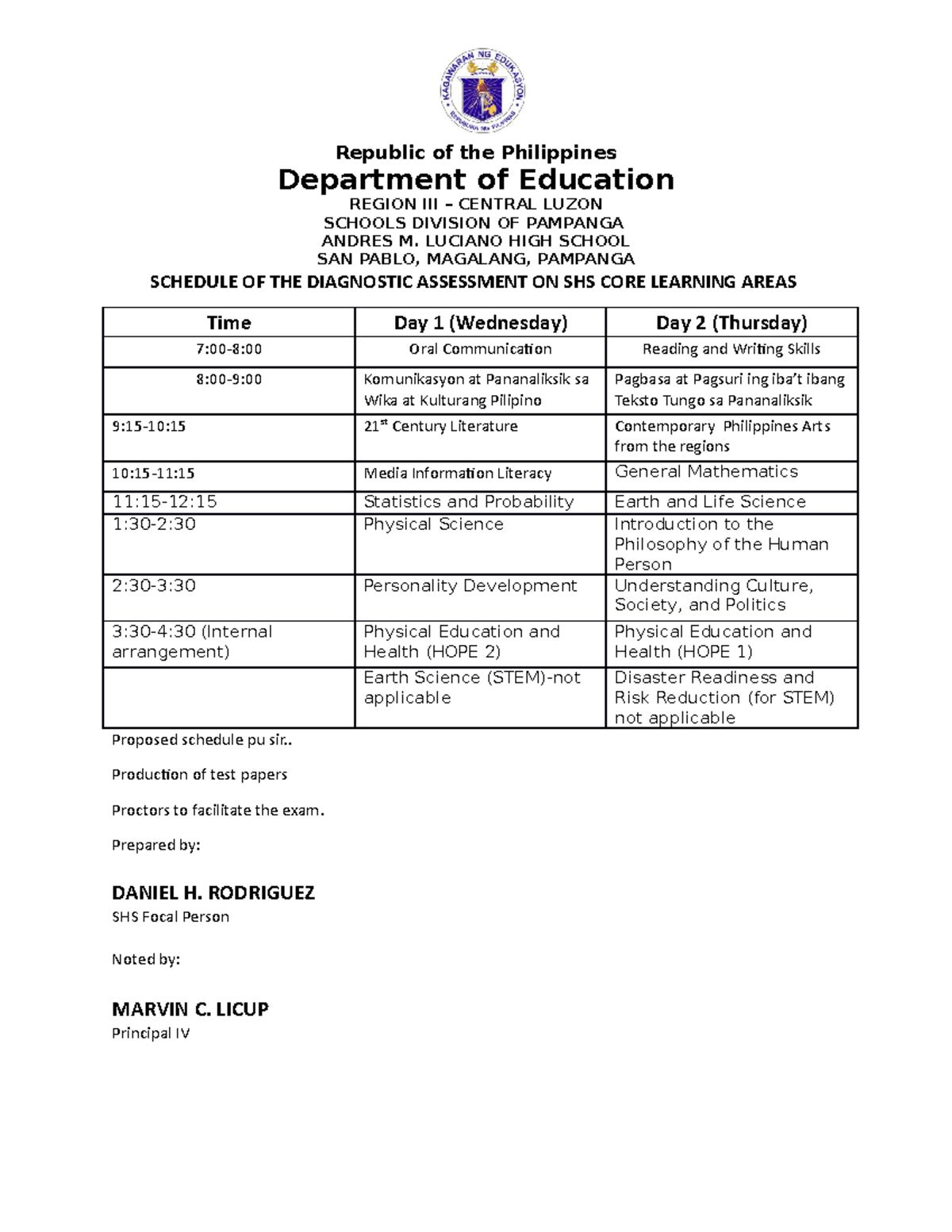 Amlhs Schedule OF THE Diagnostic Assessment ON SHS CORE Learning Areas ...
