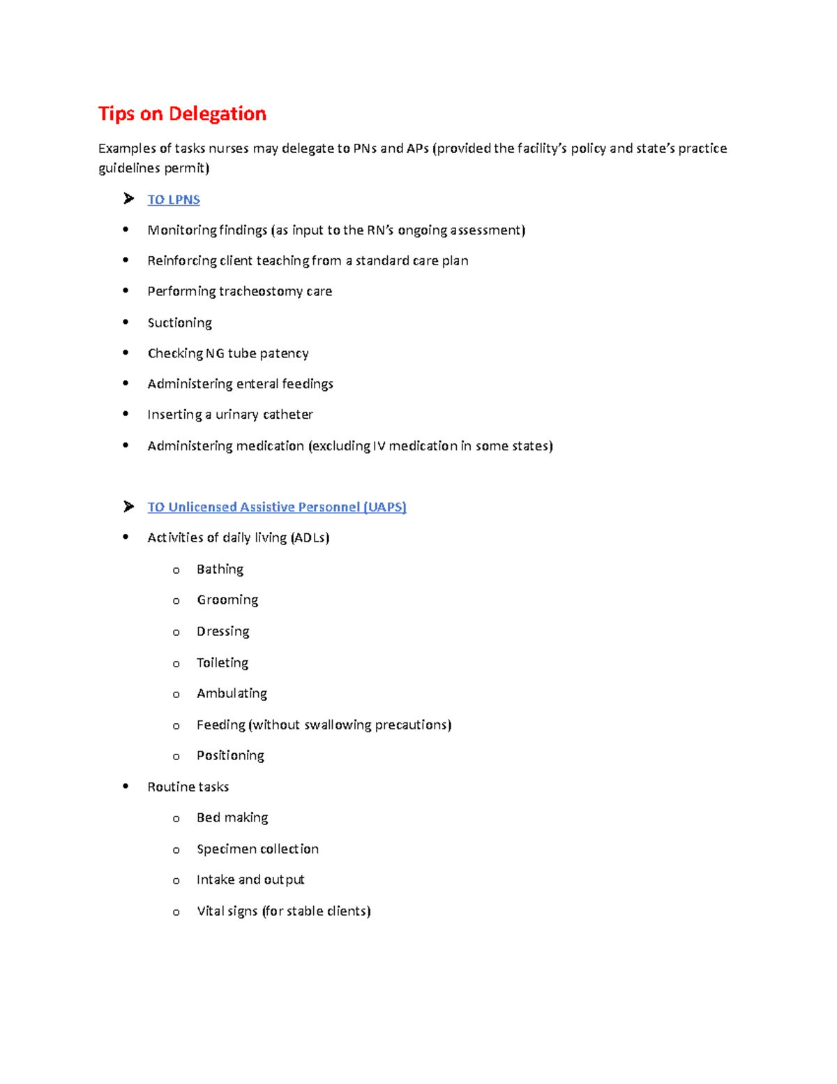 Tips on delegation - Tips on Delegation Examples of tasks nurses may ...