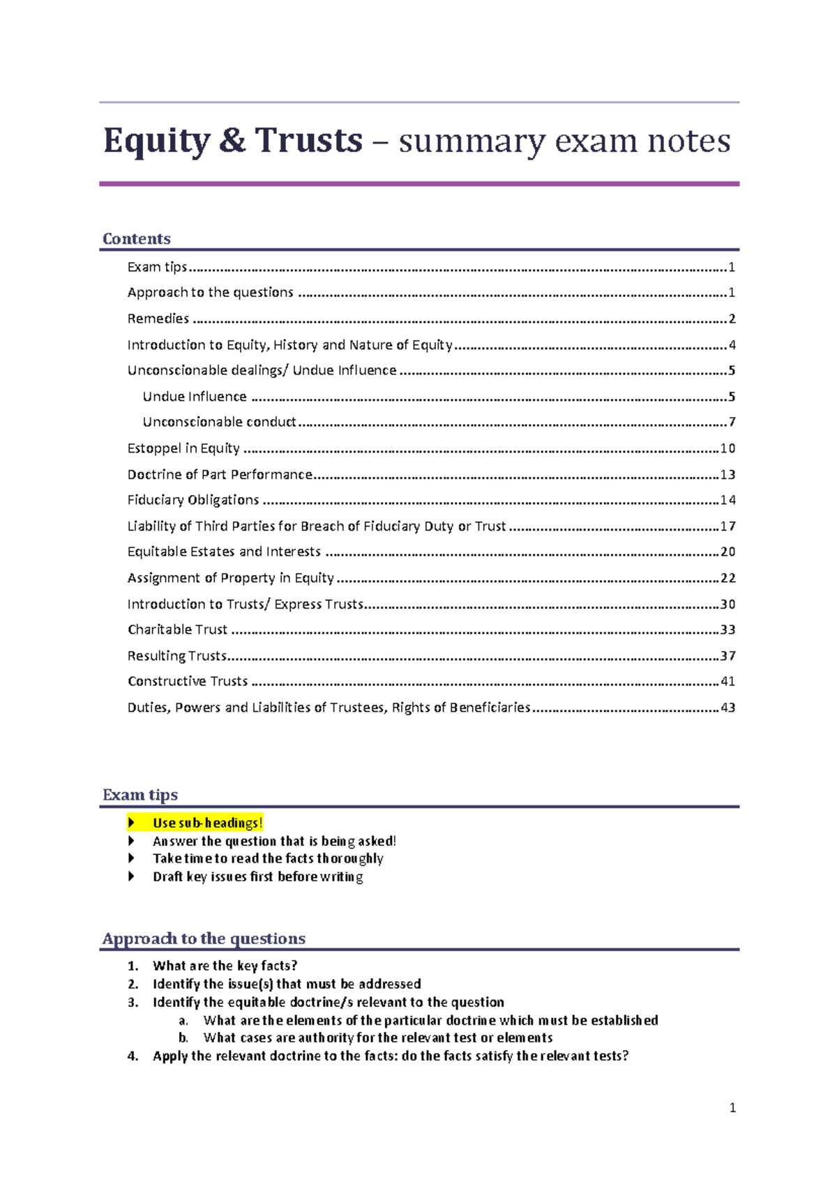 Equity- Complete Notes - 1" Equity'&'Trusts !–! summary!exam!notes ...