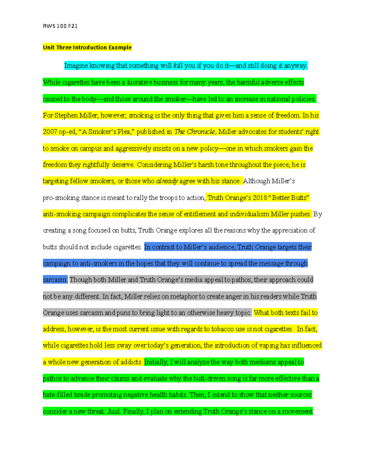 Unit Three Introduction Example - RWS 100 F Unit Three Introduction ...