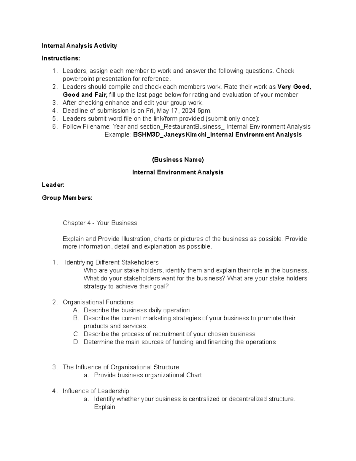 Internal-Environment-Analysis - Internal Analysis Activity Instructions ...