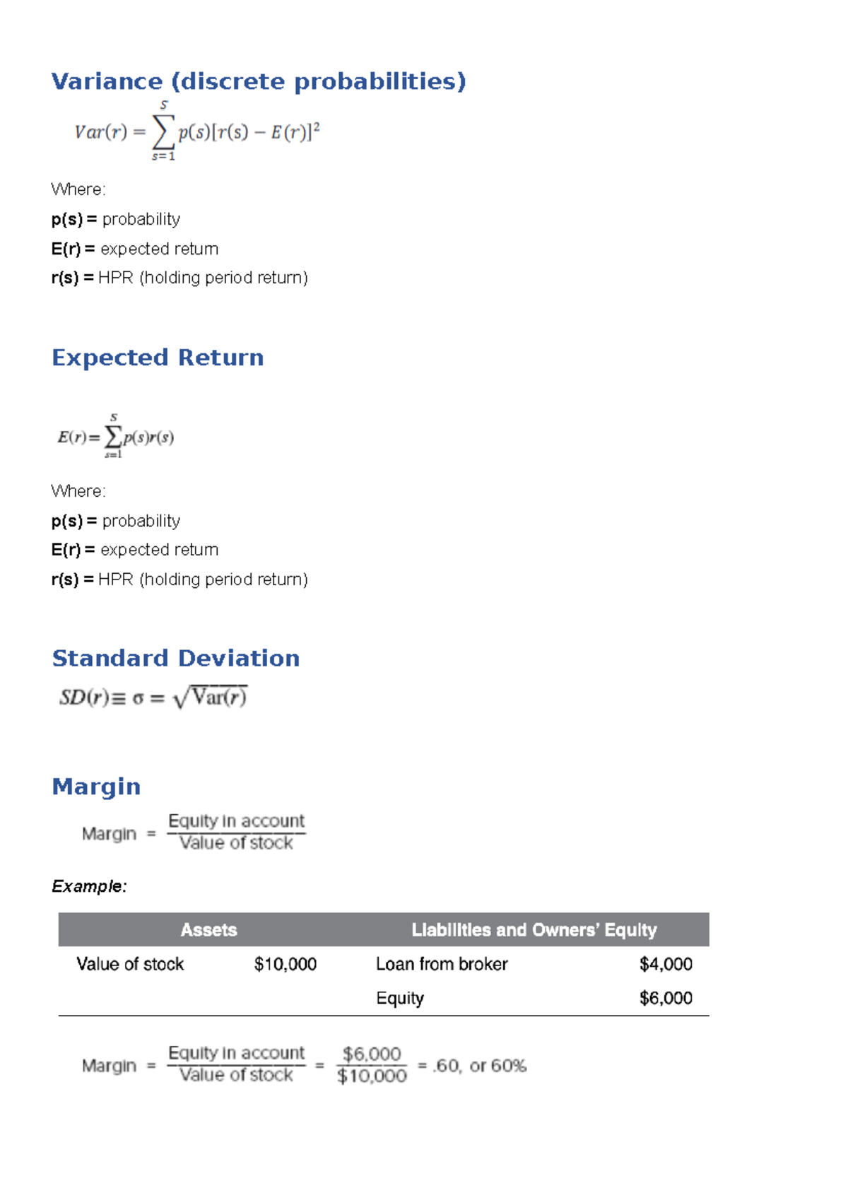 Formula Sheet - Variance (discrete probabilities) Where: p(s ...