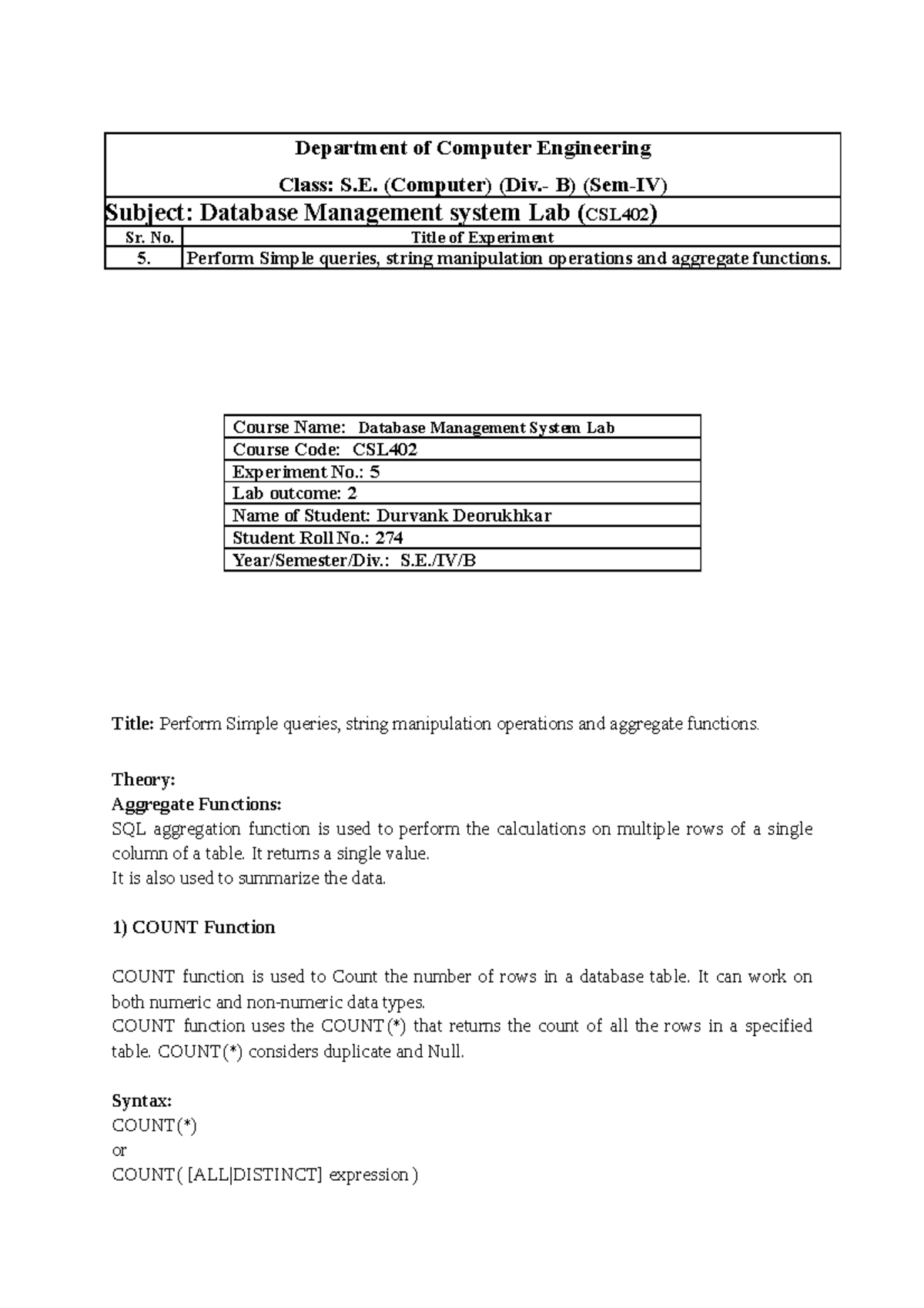 DBMS Practical 5 - Department of Computer Engineering Class: S ...