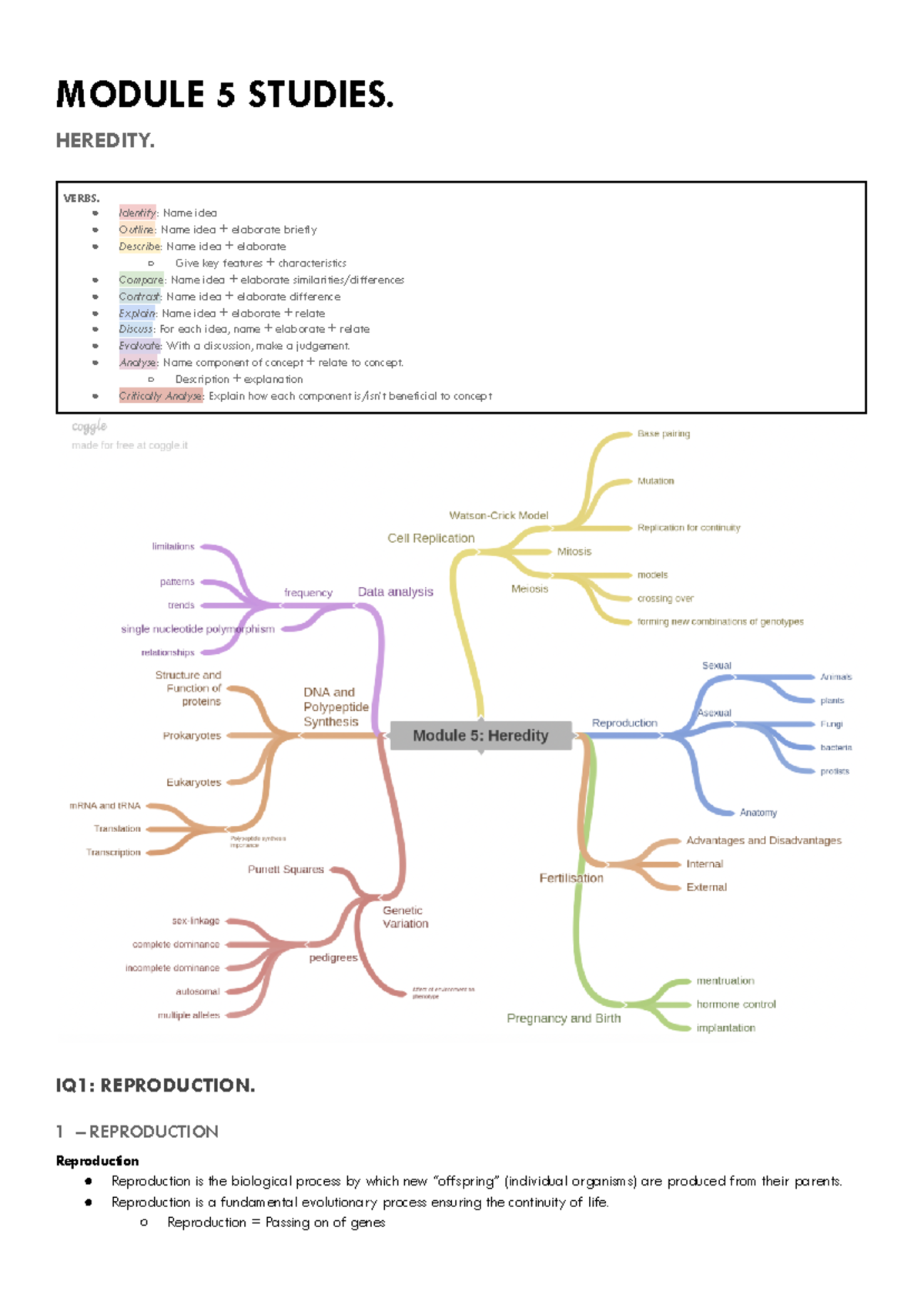 BIO Module 5 - BIO MOD 5 NOTES - MODULE 5 STUDIES. HEREDITY. VERBS ...