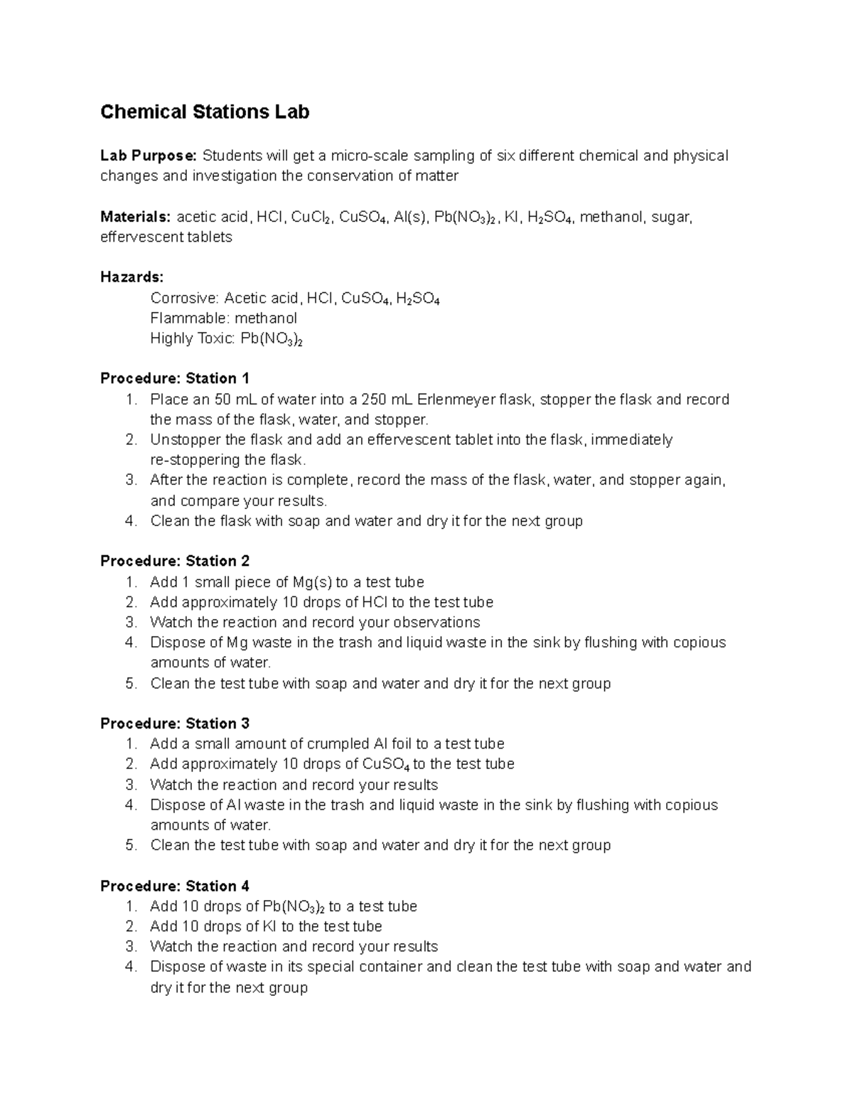 Chemical Stations Lab - prelab - Chemical Stations Lab Lab Purpose ...