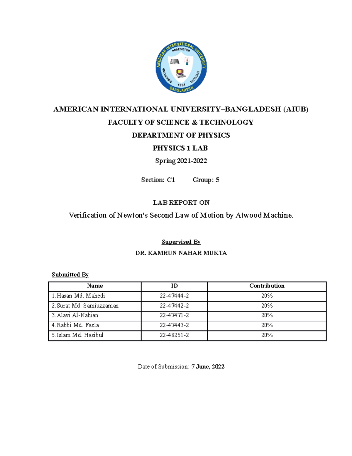 Physics Lab Report 2 - AMERICAN INTERNATIONAL UNIVERSITY–BANGLADESH (AIUB) FACULTY OF SCIENCE ...