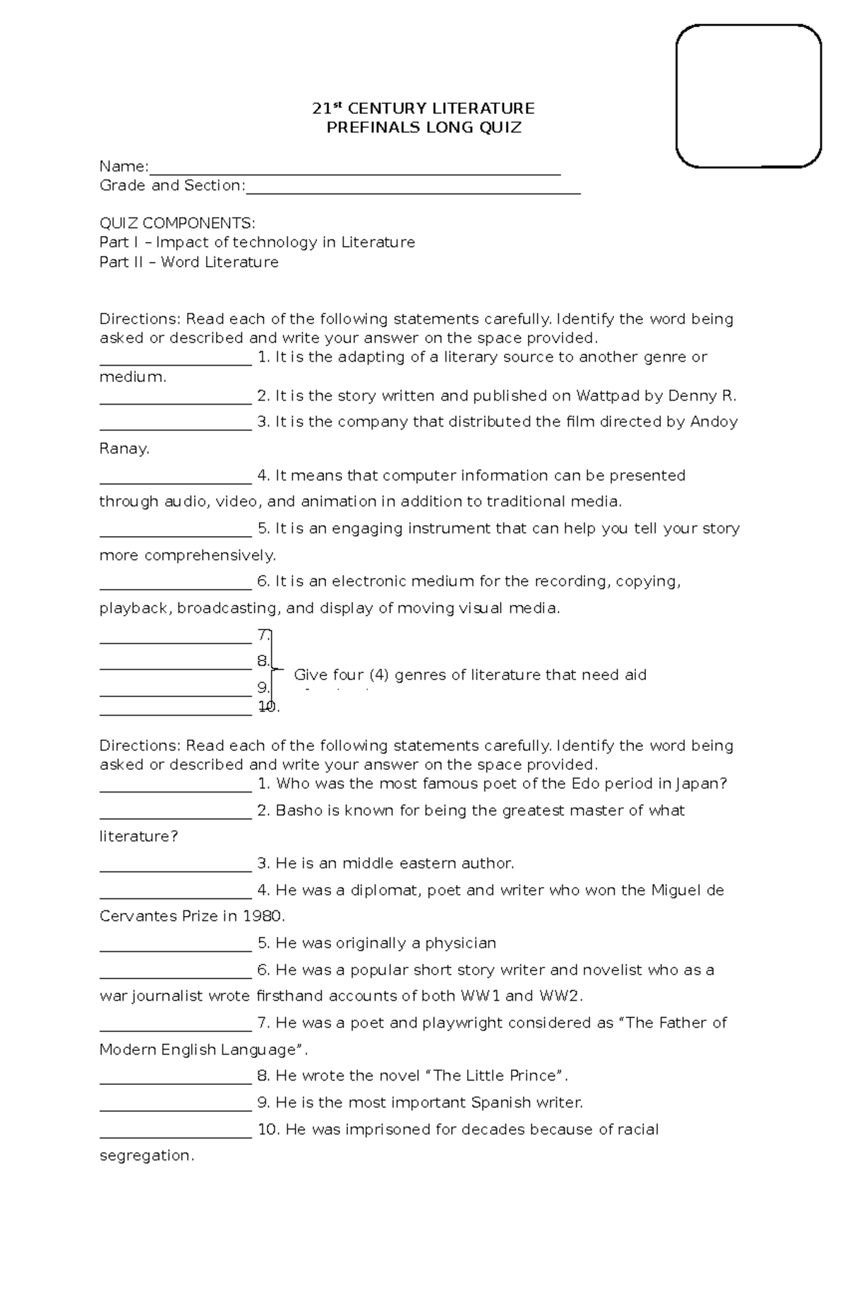 21st Prefinals LONG QUIZ - 21 st CENTURY LITERATURE PREFINALS LONG QUIZ ...