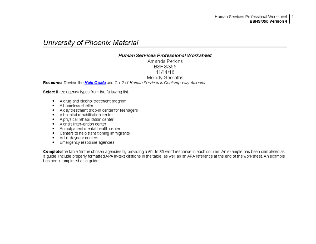 Amanda Perkins bshs355 week3 human services professional worksheet ...