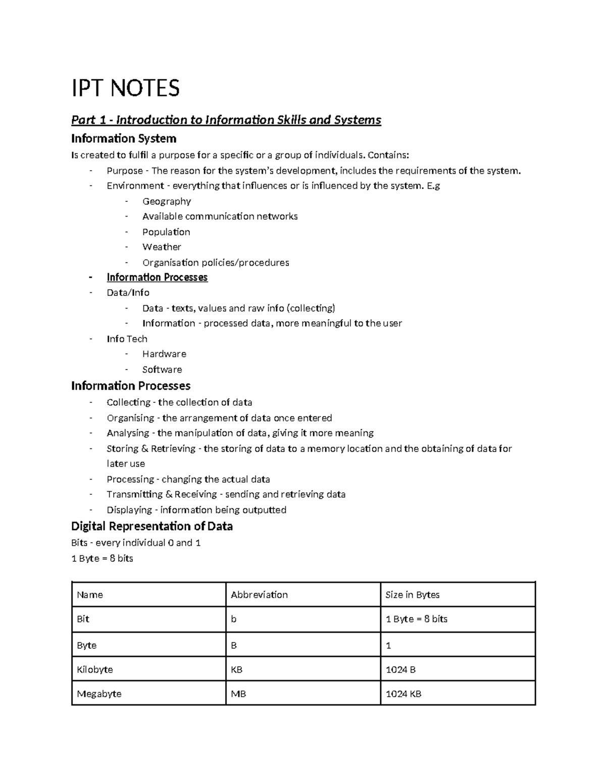 IPT Notes Yr 11 - IPT NOTES Part 1 - Introduction to Information Skills ...