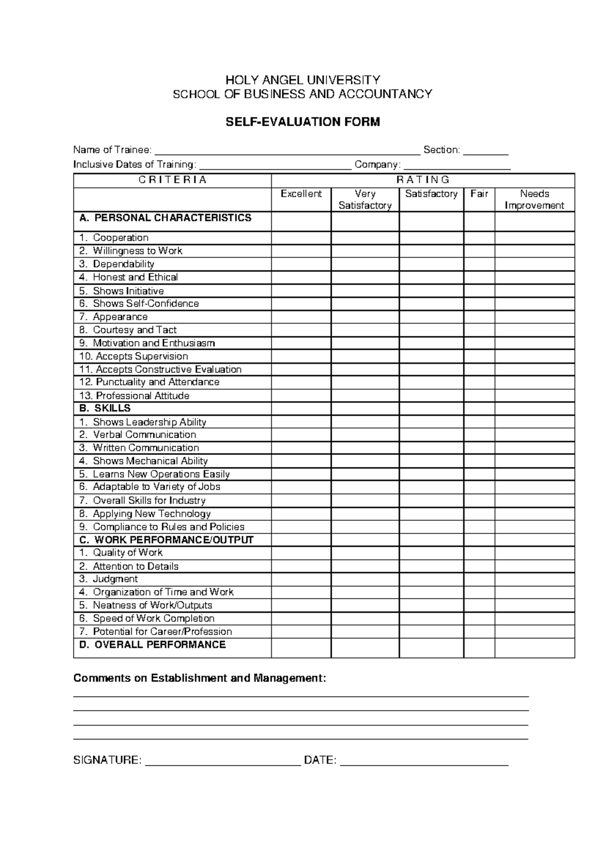Self-Evaluation Form - evaluation self self grace eval - HOLY ANGEL ...