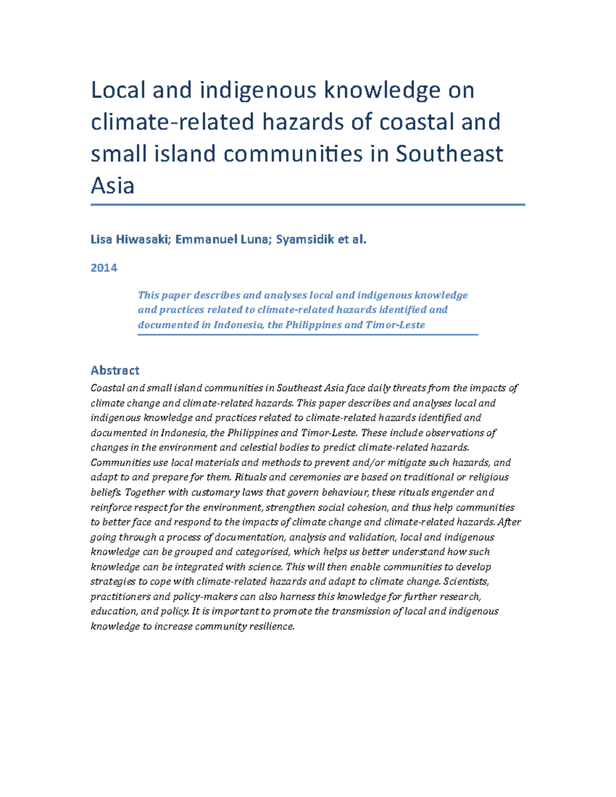 Local and indigenous knowledge on climate related hazards of coastal ...