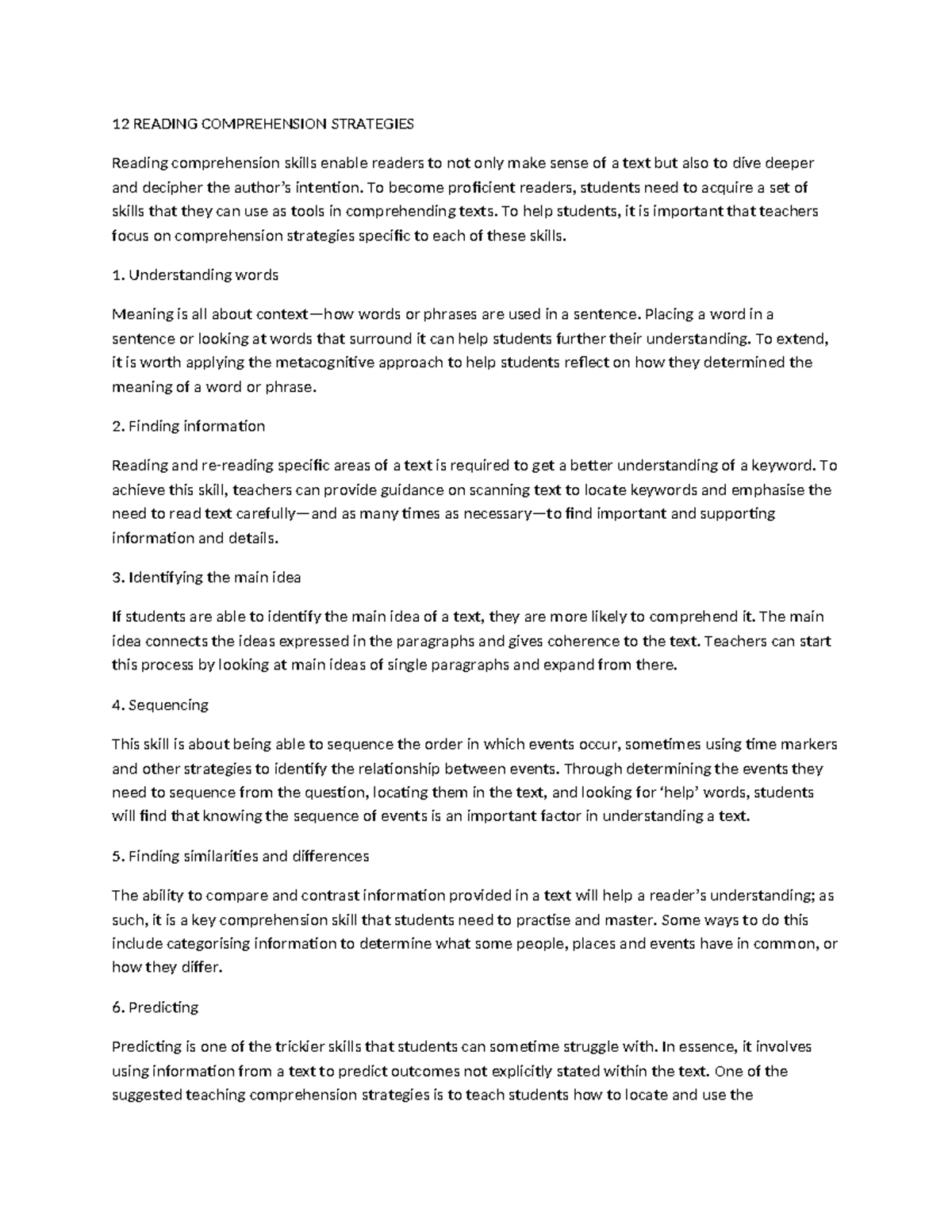 Reading Comprehension Strategies - 12 READING COMPREHENSION STRATEGIES ...