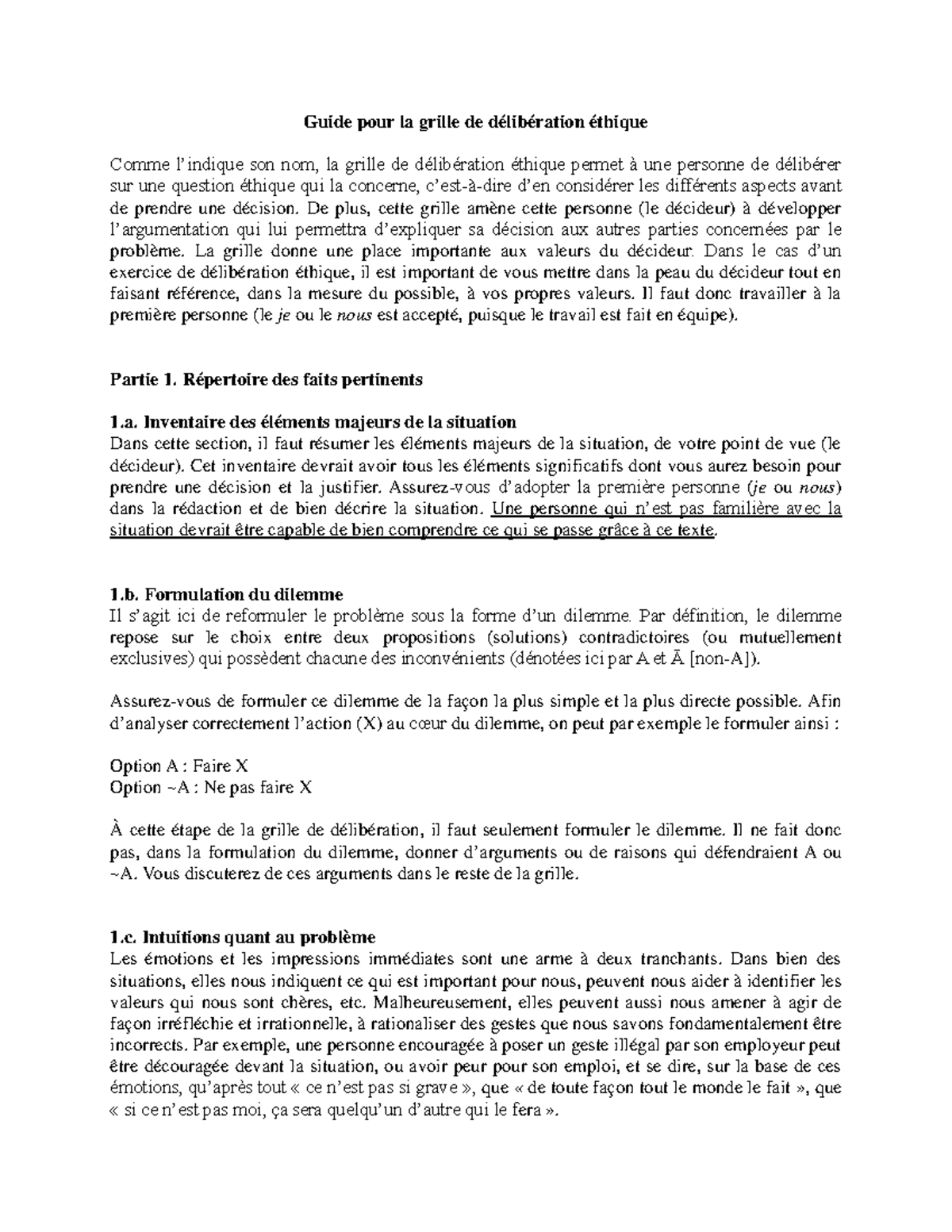 Guide pour la grille de délibération éthique - Guide pour la grille de ...