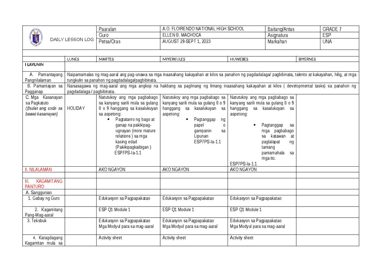 DLL ESP 7 WEEK 1 QTR1 2023 - DAILY LESSON LOG Paaralan A. FLOIRENDO NATIONAL HIGH SCHOOL - Studocu