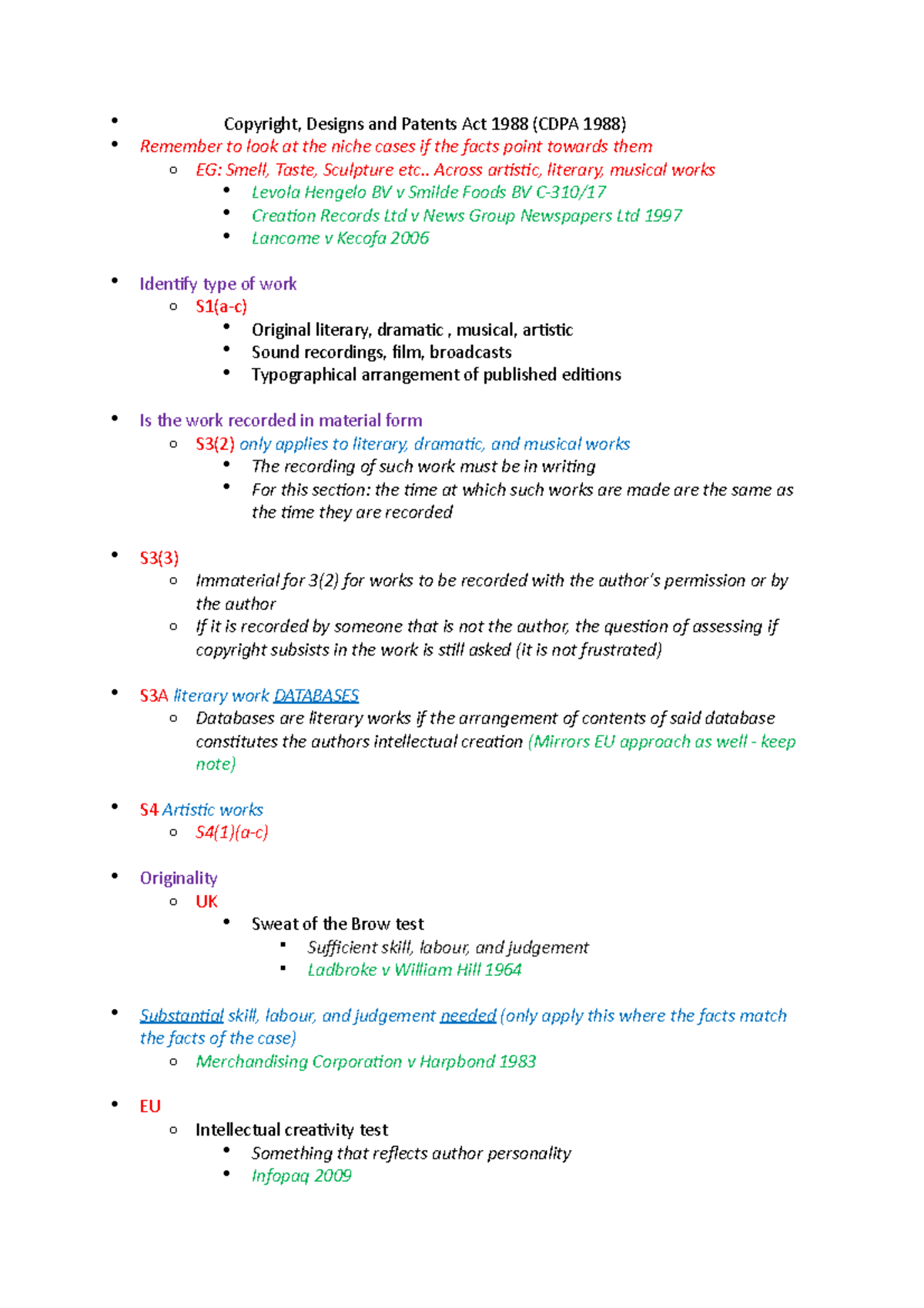 IP Copyright - Bristol Uni Notes - Copyright, Designs and Patents Act ...