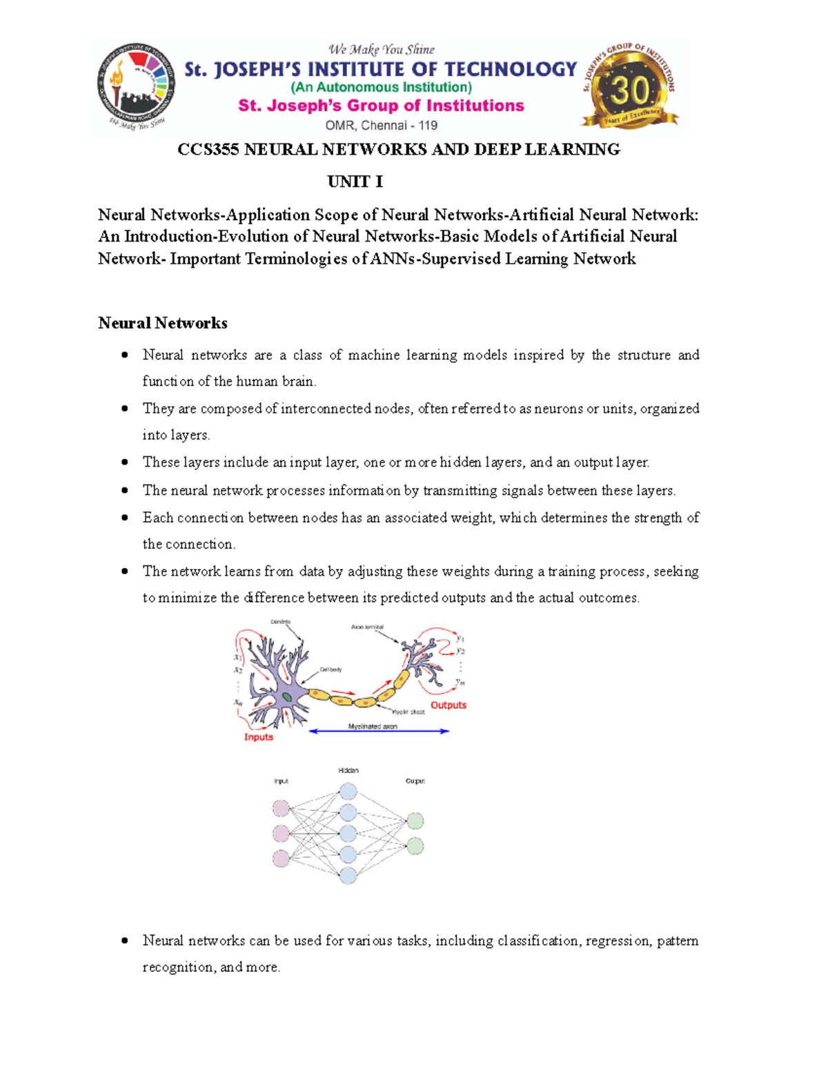 Neural Networks and Deep Learning (CCS355) unit 1 - CCS355 NEURAL ...