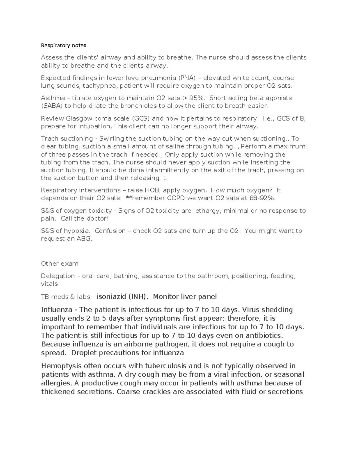 Exam 3 guide - Respiratory notes Assess the clients' airway and ability ...
