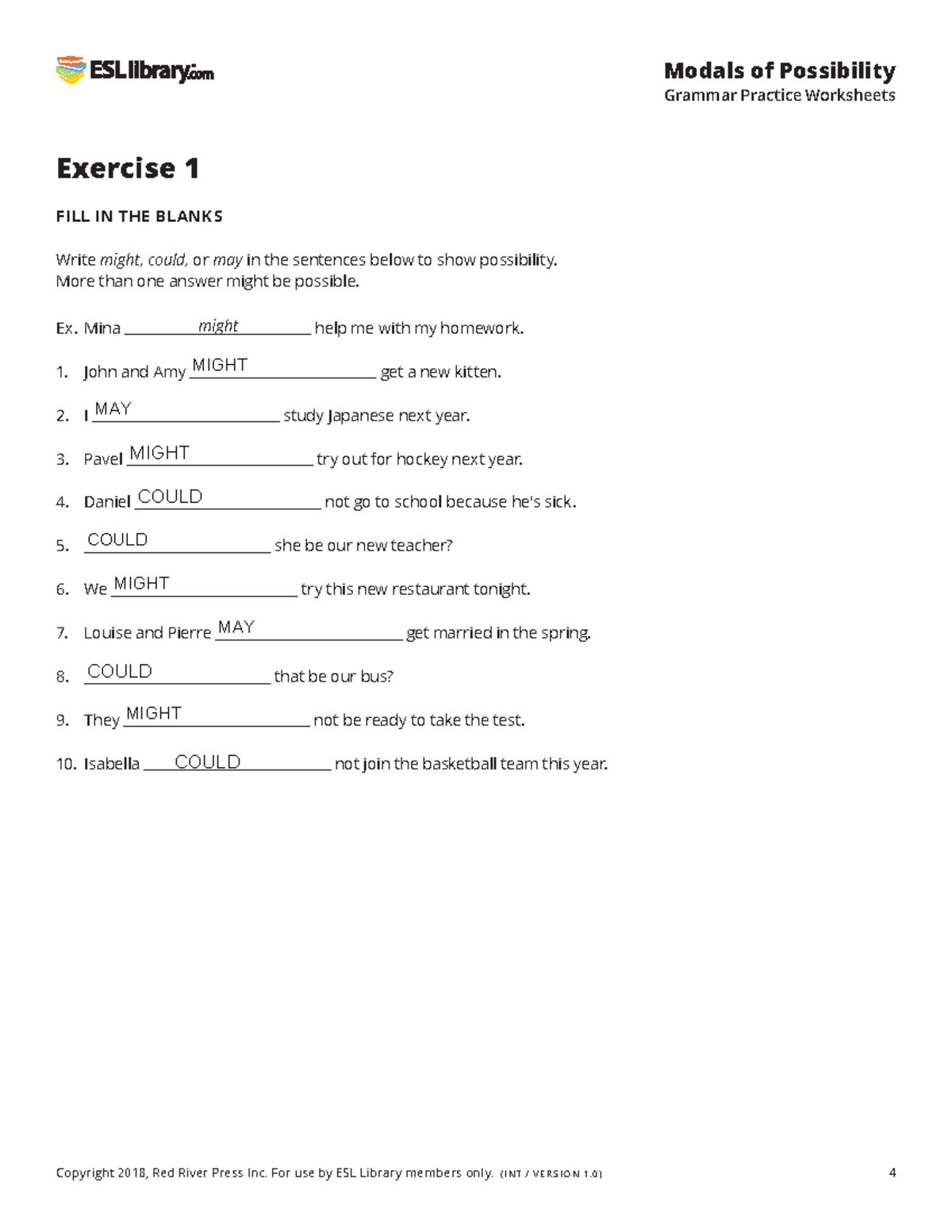 Modals of Possibility Worksheet - 4 Modals of Possibility Grammar ...