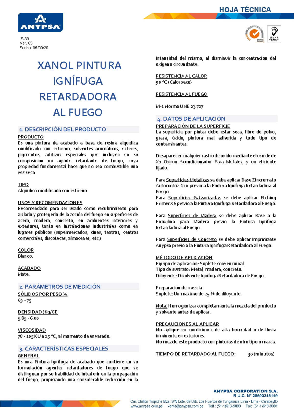 Xanol Pintura Ignifuga Retardadora AL Fuego (1) - HOJA TÉCNICA F- 39 ...