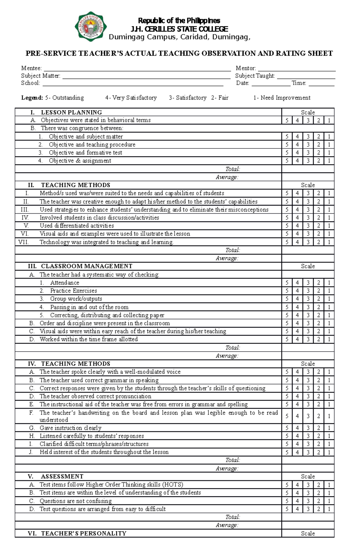 Demo rating - template - Republic of the Philippines J. CERILLES STATE ...