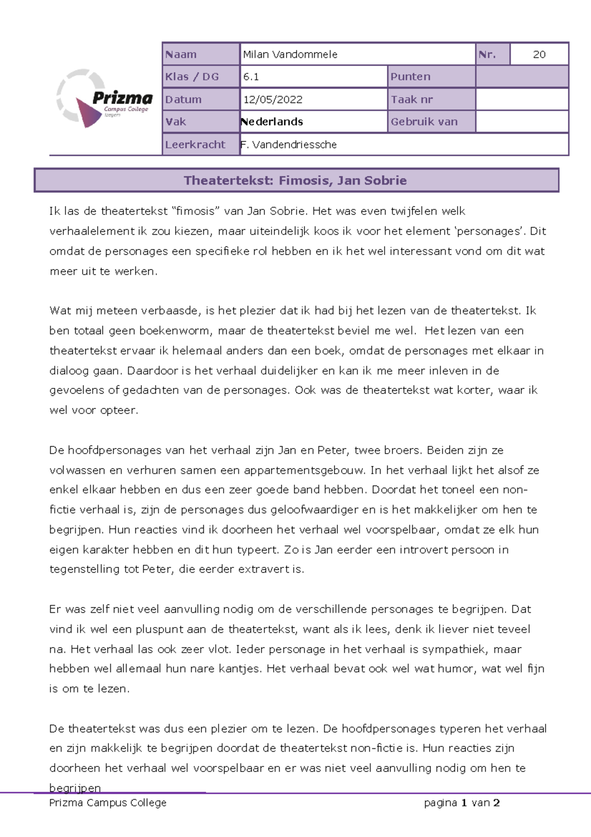 Boekopdracht 4 - sdvsd - Naam Milan Vandommele Nr. 20 Klas / DG 6 ...