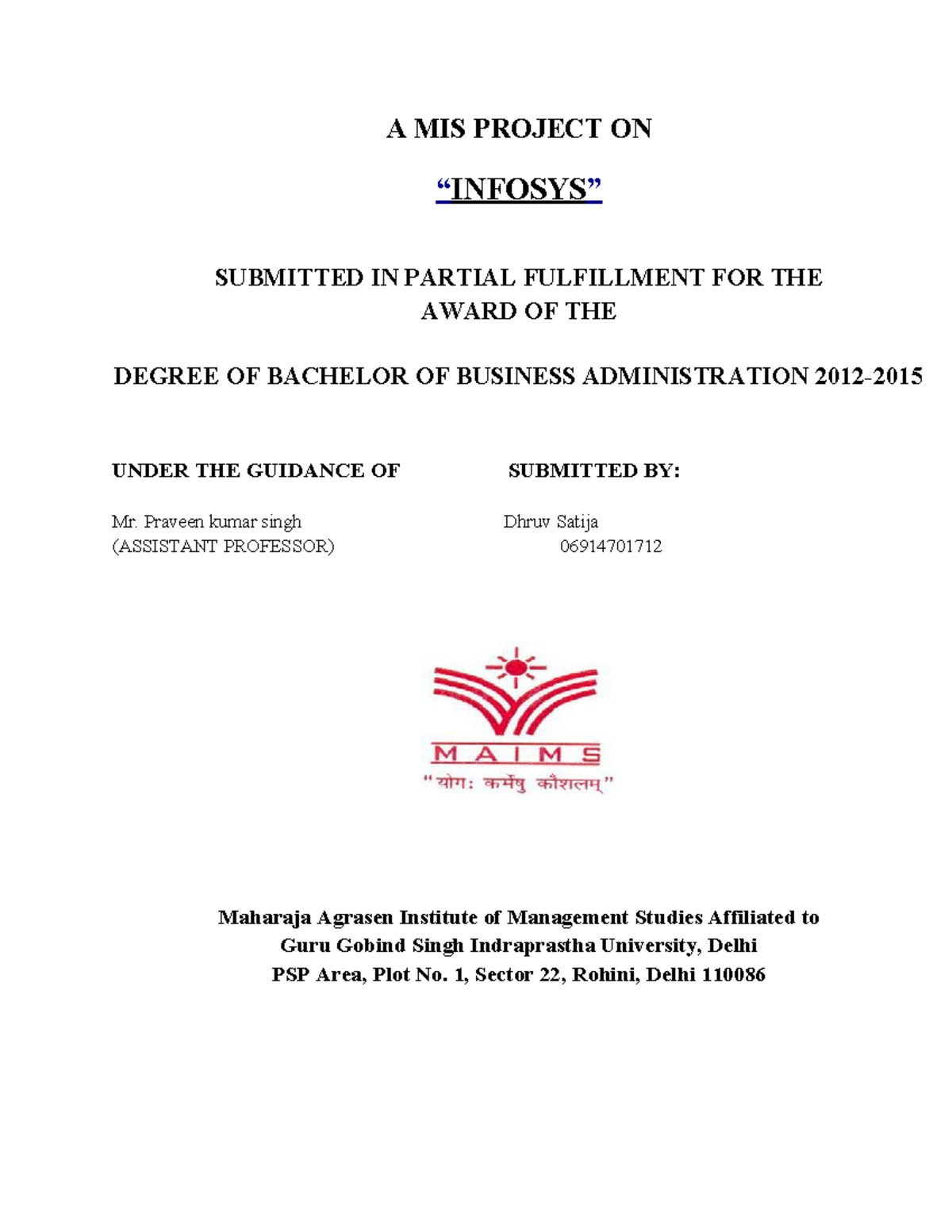 A MIS Project ON Infosys 2 - A MIS PROJECT ON “INFOSYS” SUBMITTED IN ...