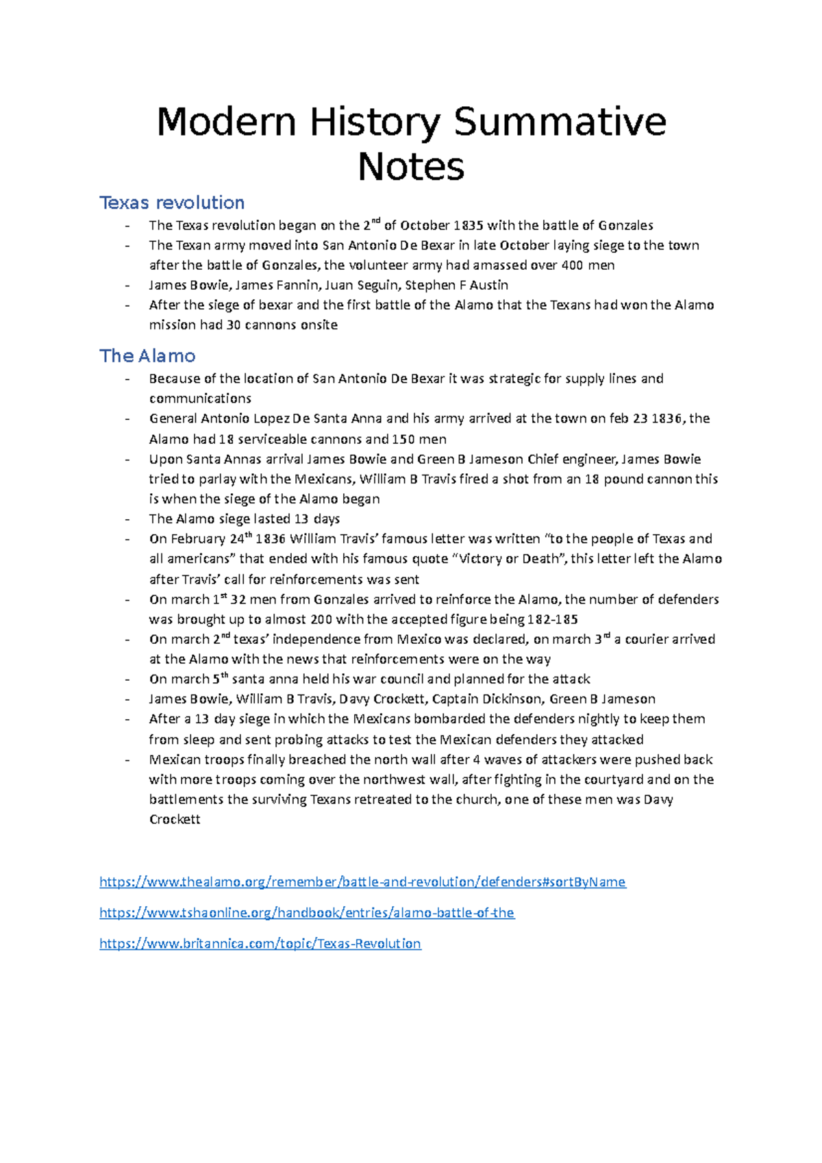 Modern His Notes - useful - Modern History Summative Notes Texas ...