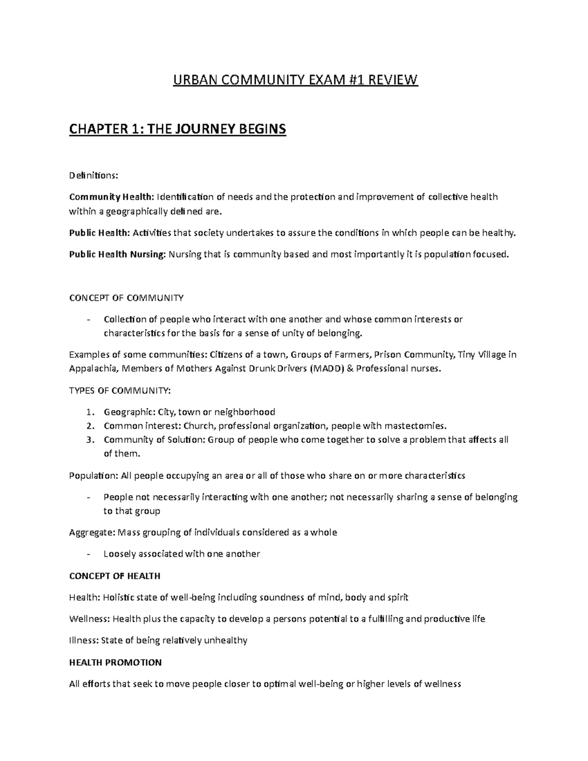 Urban Community EXAM 1 review - URBAN COMMUNITY EXAM #1 REVIEW CHAPTER ...