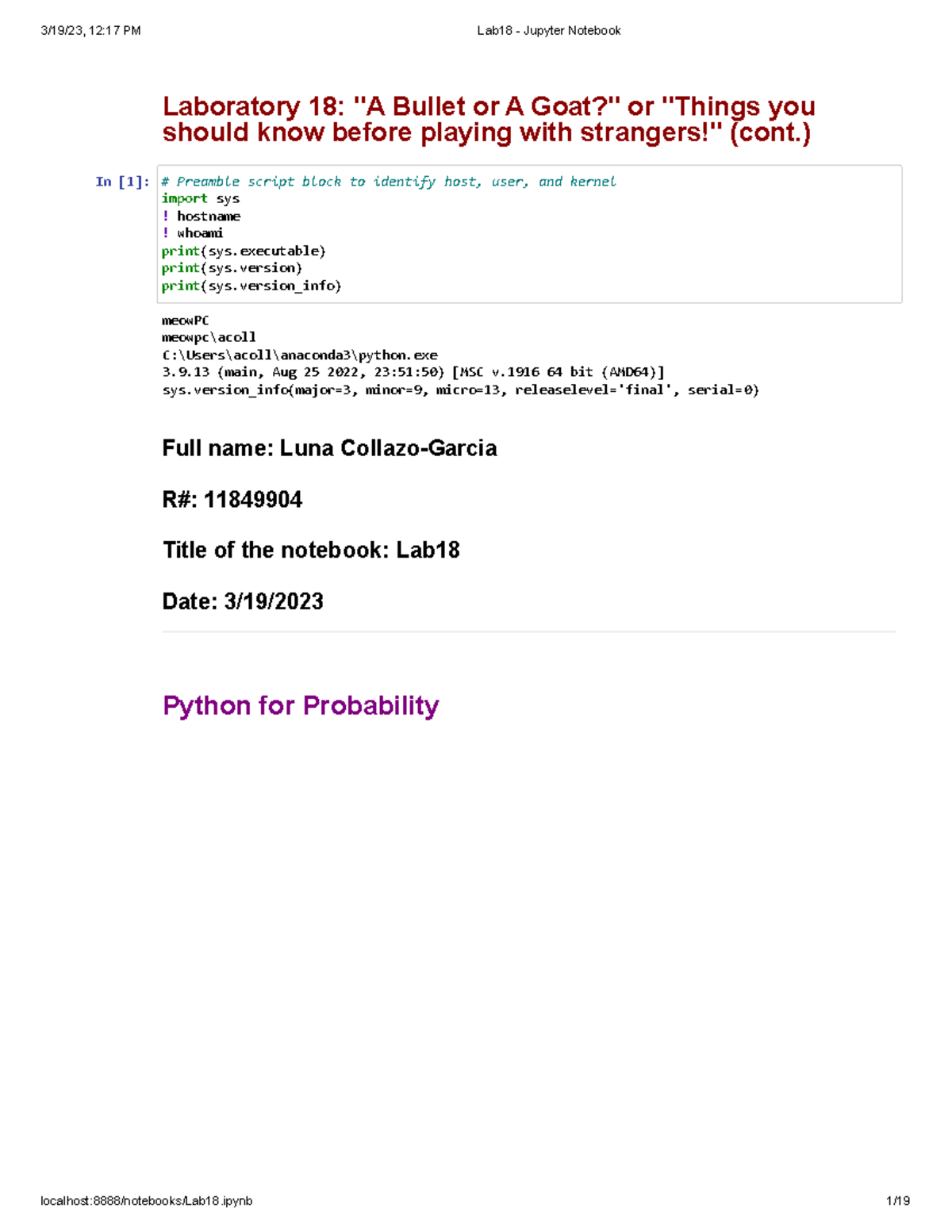 Lab18 - Jupyter Notebook - Laboratory 18: "A Bullet or A Goat?" or "Things you should - Studocu