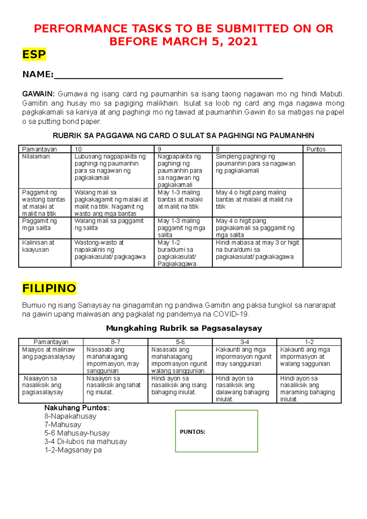 Performance tasks - NONE - PERFORMANCE TASKS TO BE SUBMITTED ON OR ...