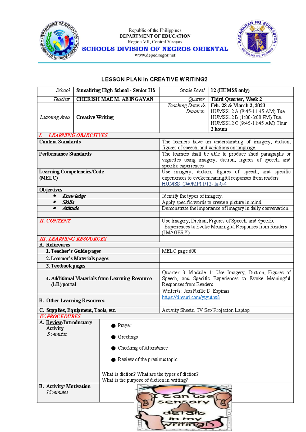 Creative Writing Session 2 Imagery 1 - LESSON PLAN in CREATIVE WRITING ...