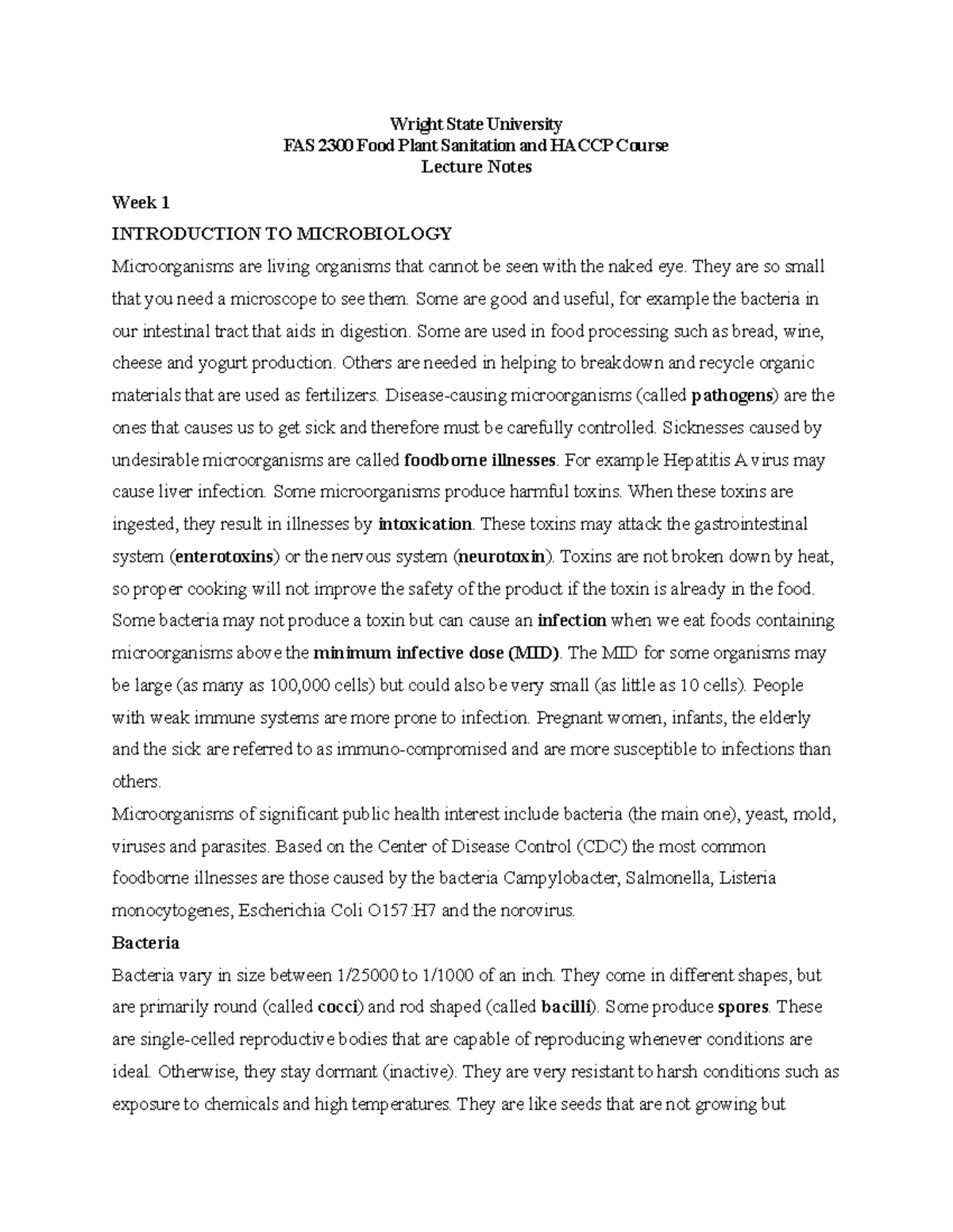 Fas 2300 Lecture Notes Week 1 Wright State University Fas 2300 Food Plant Sanitation And 3680
